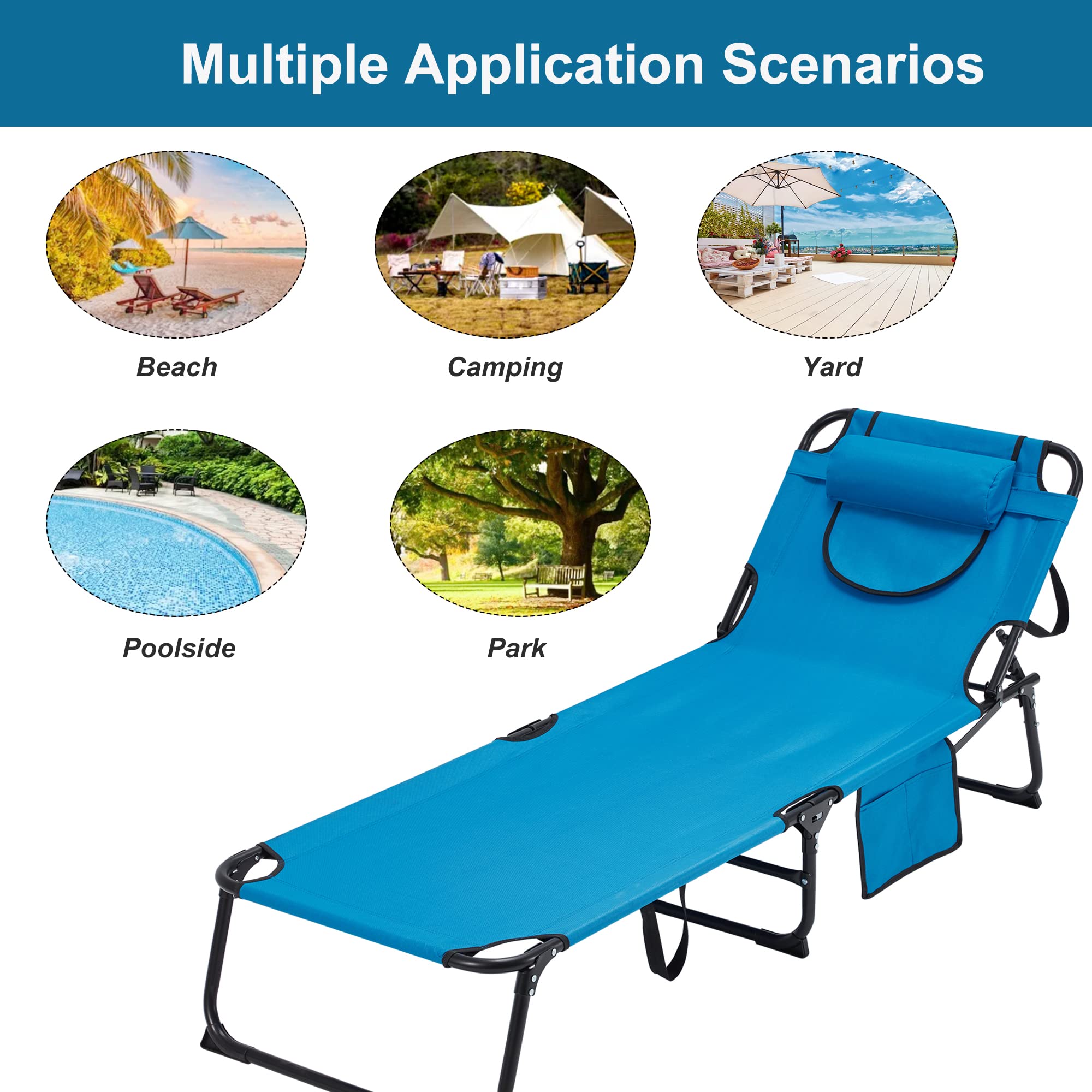 Candockway Outdoors Lounge Chair,300lbs Folding Patio Lounge Chair with Face Hole, Adjustable Backrest, Non-Slip Foot & Portable Handle, Chaise Lounge for Patio, Yard