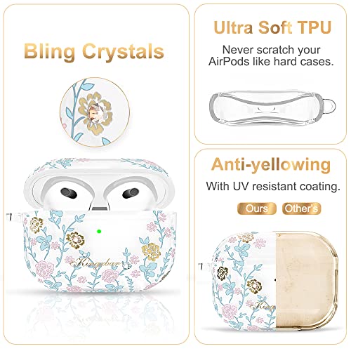 KINGXBAR for AirPods Pro Case Cute Soft Clear Floral Protective Cover for Women Girls with Bling Crystals & Keychain
