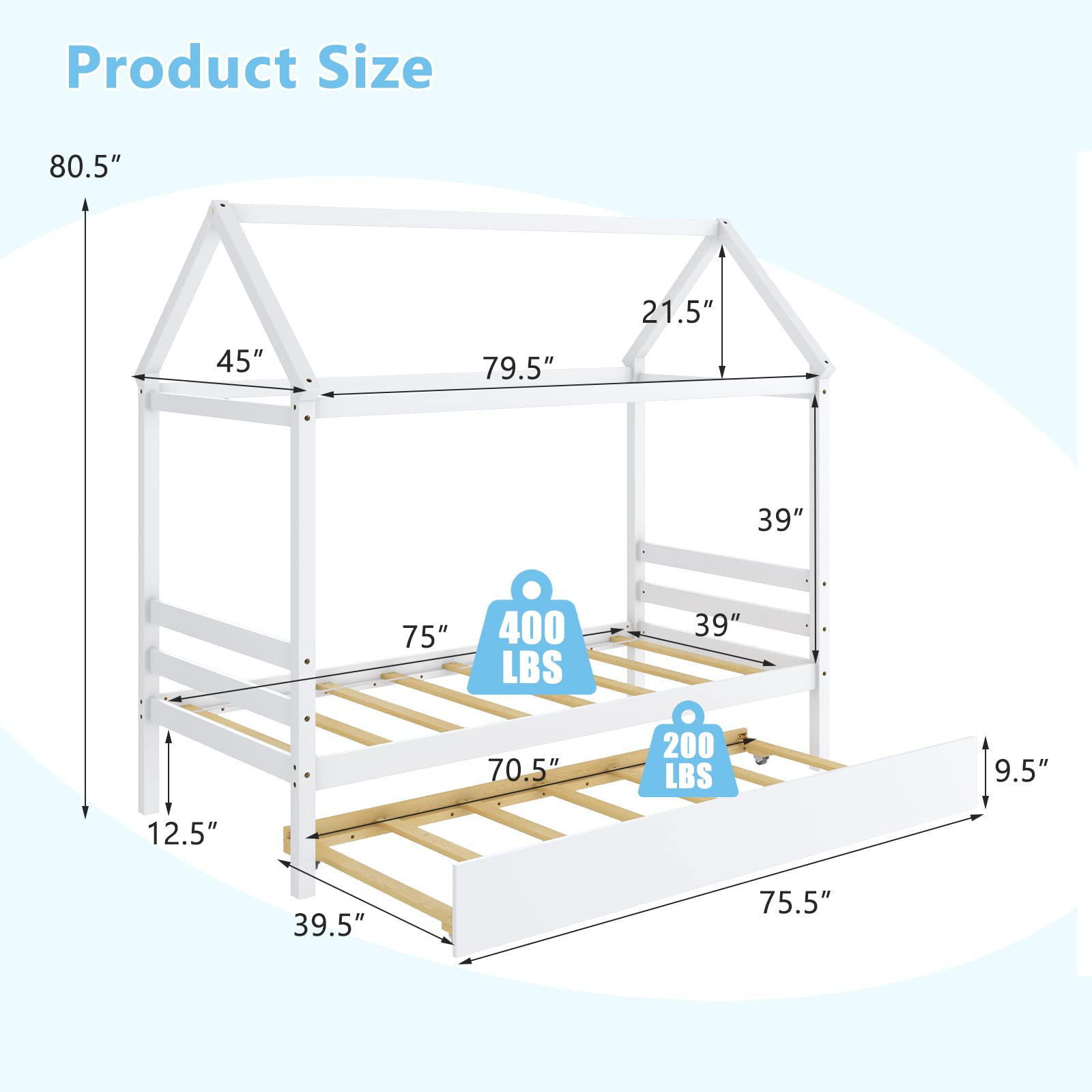 KOMFOTT Twin House Bed with Trundle, Solid Wood Playhouse Platform Bed Frame, Kids Daybed with Roof for Girls & Boys, No Box Spring Needed, Noise-Free Design, Easy Assembly, White