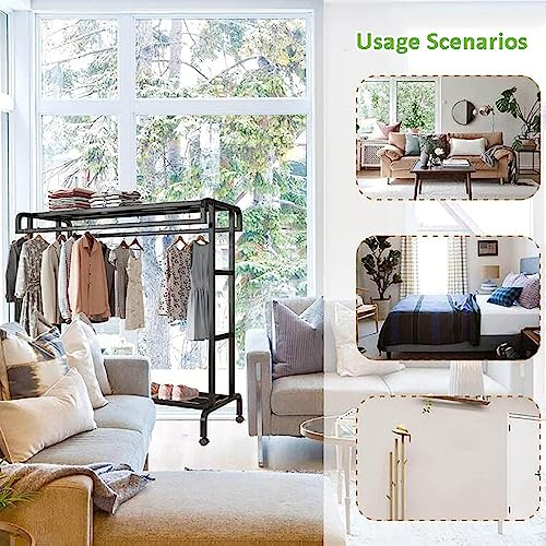 HM&DX Clothes Rack with Wheels,Double Rods Clothing Rack for Hanging Clothes,Heavy Duty Clothes Garment Racks,Industrial Pipe Clothes Rack,Metal Rolling Clothing Racks Organizer for Clothes Shoes