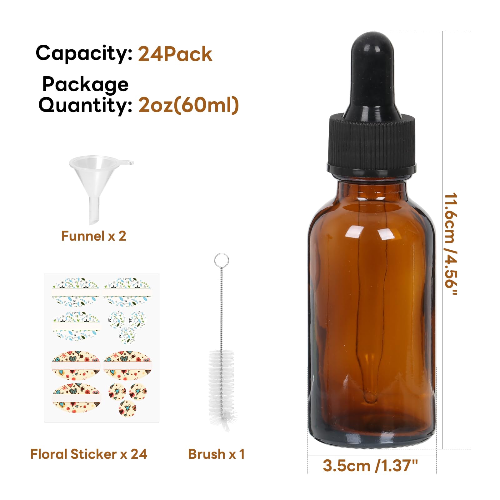 STARSIDE 24 Pack 2 oz Amber Glass Dropper Bottles for Essential Oils,60 ml Glass Bottles with Glass Droppers for Lab Chemicals,Perfumes.Included 1 Brush,2 Funnels and 24 Labels