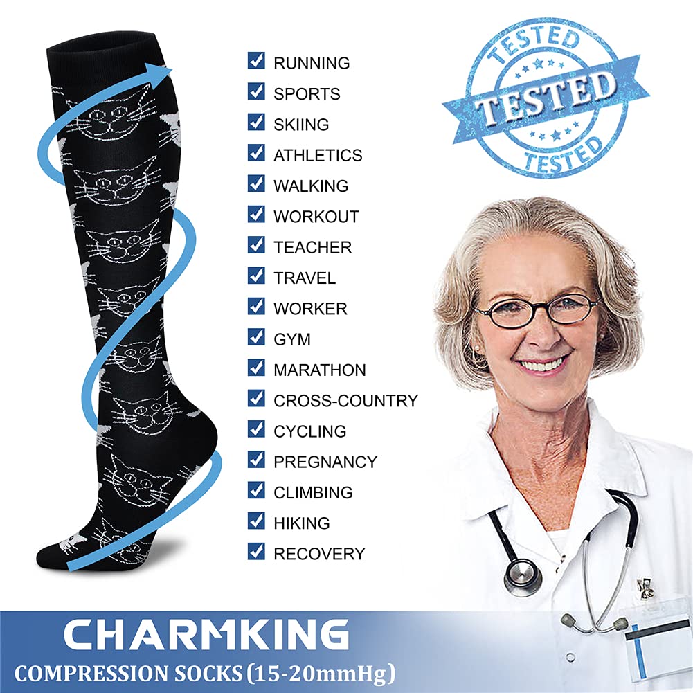 CHARMKING Compression Socks for Women & Men (8 Pairs) 15-20 mmHg Graduated Copper Support Socks are Best for Pregnant, Nurses - Boost Performance, Circulation, Knee High & Wide Calf (L/XL, Multi 40)