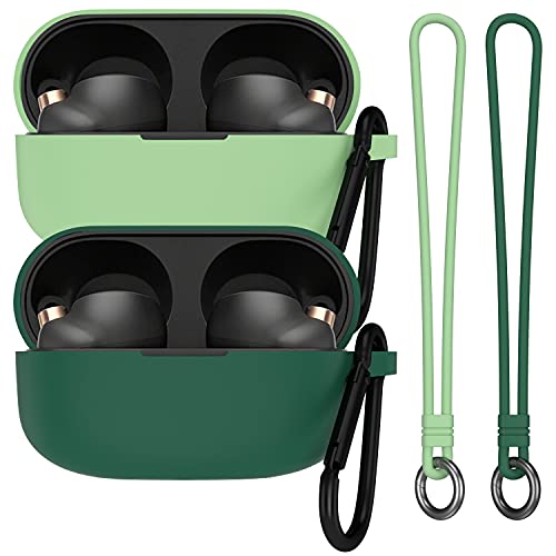 Kanya Case Compatible Sony WF-1000XM4,2 Packs Full Protective Shockproof Anti-Slip Silicone Case Cover with Carabiner and Silicone Hand Strap for Sony WF-1000XM4 (Matcha+Dark Green)