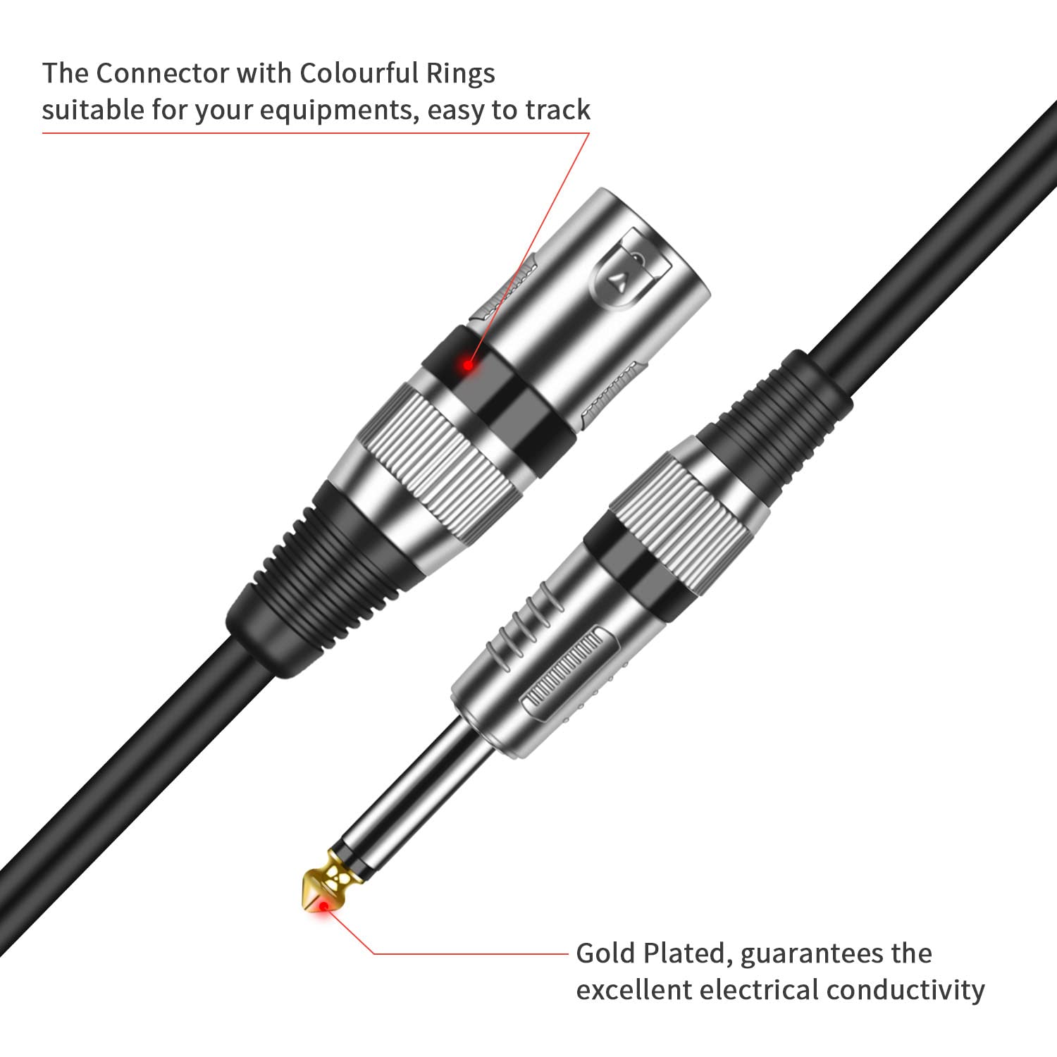 DREMAKE Audio 6FT Patch Cable Cord - XLR Male 3-Pin to 1/4 Inch TS Coloured Microphone Cable - 3' Unbalanced Mono Snake Cord - 6 Pack 1/4 to Male XLR
