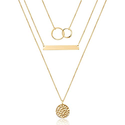 Turandoss Dainty Interlocking Circles Necklace Bar Hammered Disc Necklace 14K Gold Simple Necklace Women Jewelry Layered Necklace Gold Choker Necklaces for Women