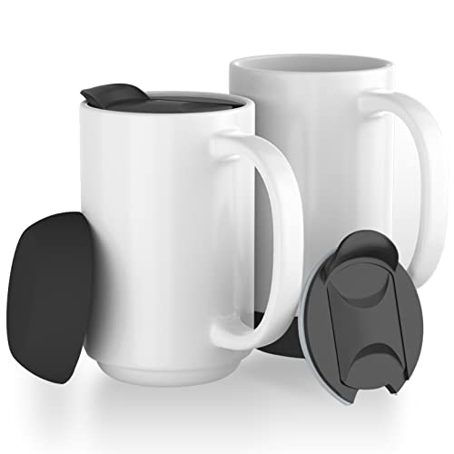 Extra Large Ceramic Coffee Mug w/Lid and Removable Silicone Base - 17 ounce Slideproof Coffee Cups w/Handle and Sip and Cover Lid - Set of 2 Dishwasher Safe Ceramic Travel Mugs - Reusable White Cup