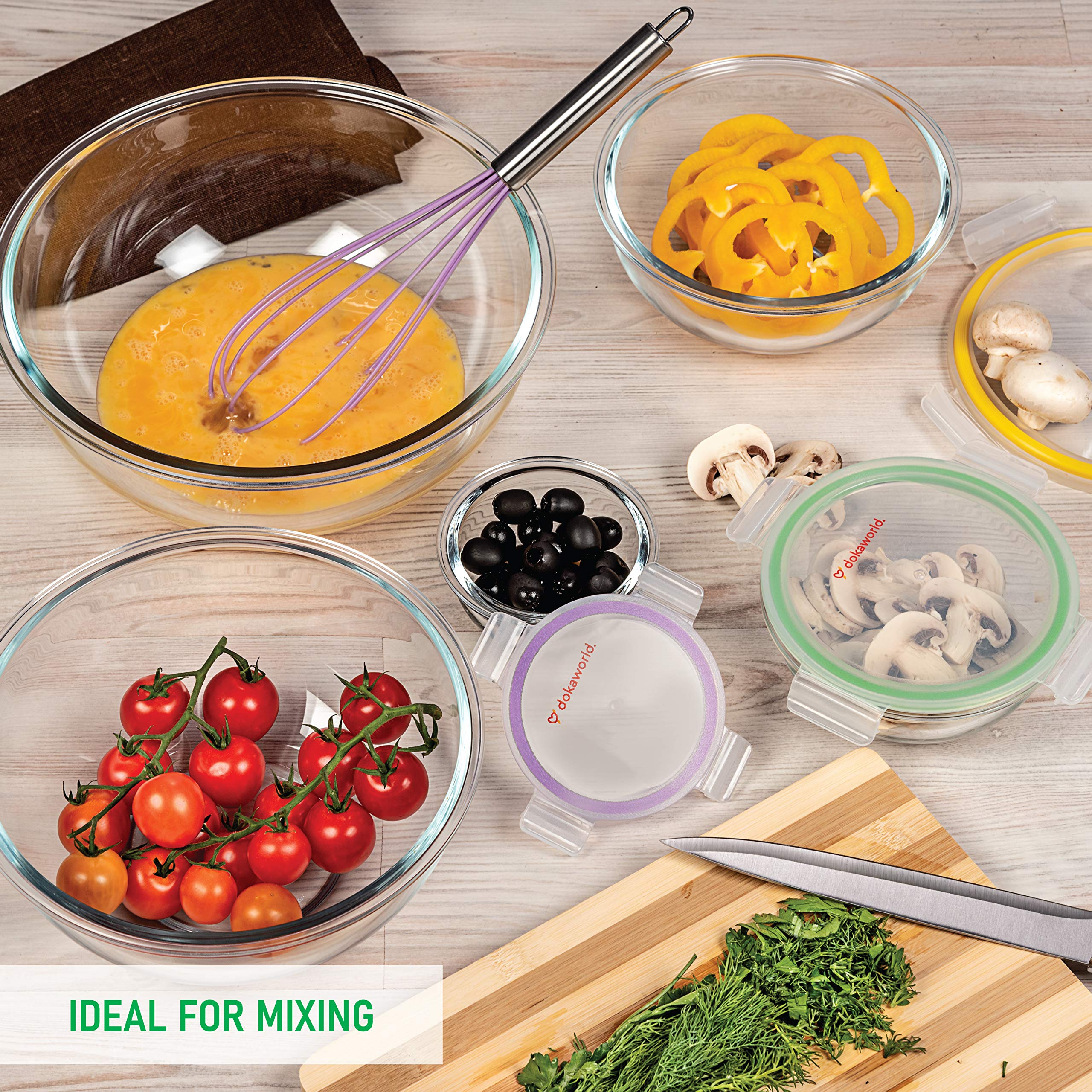 dokaworld Glass Mixing Bowls - Nesting Bowls - Space-Saving Glass Bowls with Lids Food Storage - Set of 5 Stackable Microwave Glass Containers - Storage Bowls with Lids Bpa Free - Bowls for Cooking