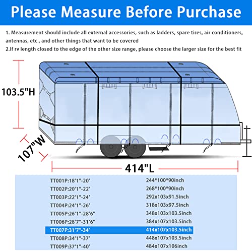 Tuszom 100% Waterproof 600D RV Travel Trailer Cover Durable Rip-Stop Camper Cover fits 31'7"-34' Motorhome - Breathable Windproof Anti-UV with 13PCS Straps, 4 Tire Covers