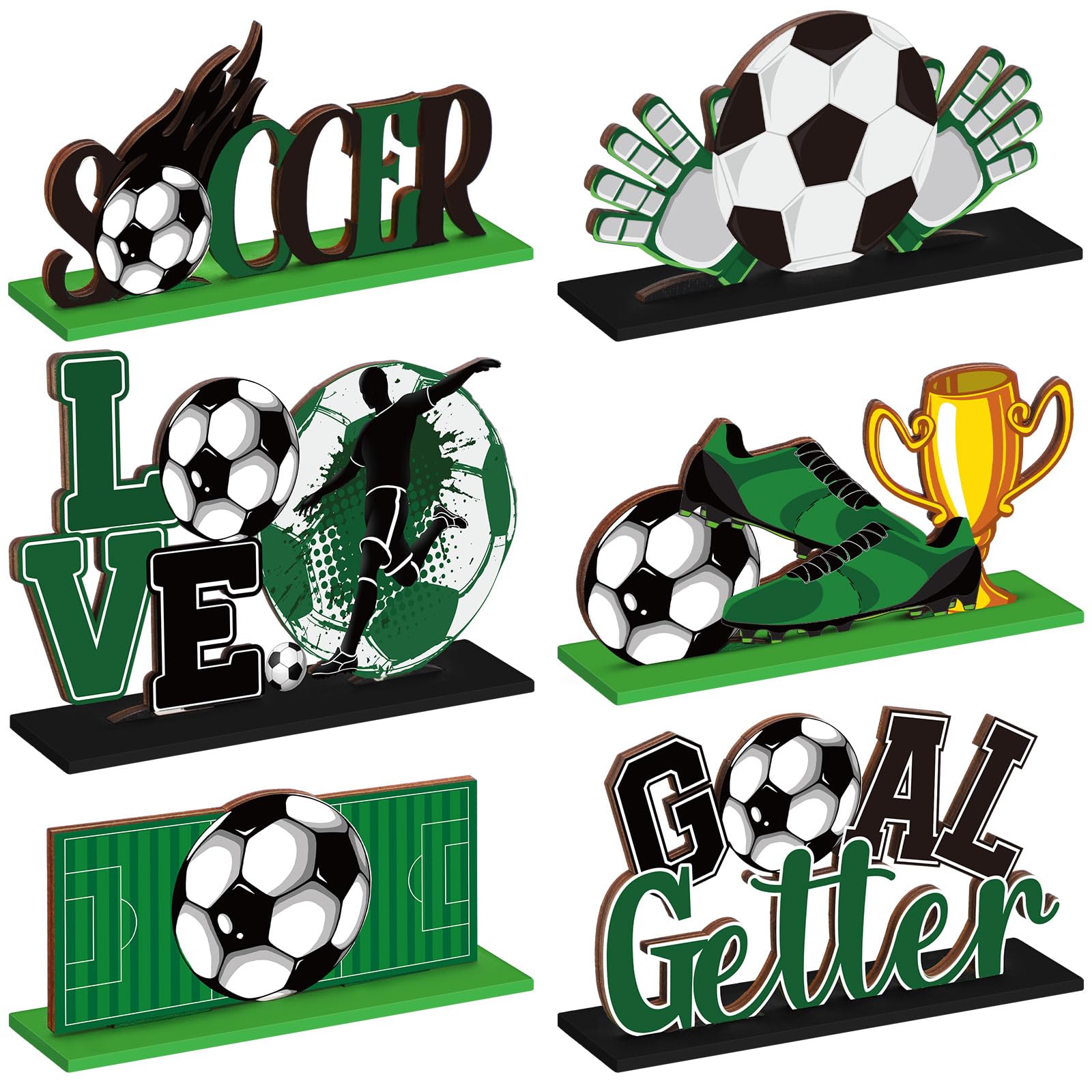 Suzile 6 Pcs Soccer Ball Table Wooden Decorations Green Black Table Centerpiece Sign Soccer Football Theme Party Detachable Tabletop Decor Photo Props for Boys Kids Birthday Party Supplies