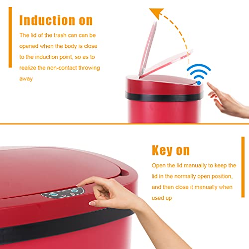HHS Trash Can Garbage Can Stainless Steel 13 Gallon Trash Can with Lid Touchless Metal Kitchen Trash can Wastebasket for Bathroom, Bedroom, Kitchen and Office (5 Liter) Red…