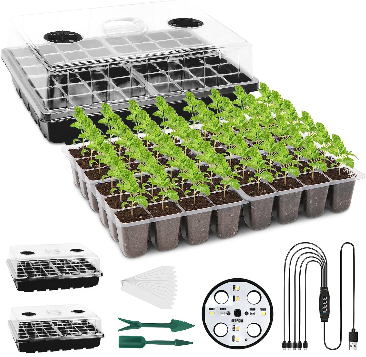 CANNABMALL 2 Packs Seed Starter Tray with Grow Light Samsung LM281B Diodes, Dimmable Seedling Starter Trays, 96 Cells Germination Trays Kit with Humidity Dome for Indoor Gardening Plant Black