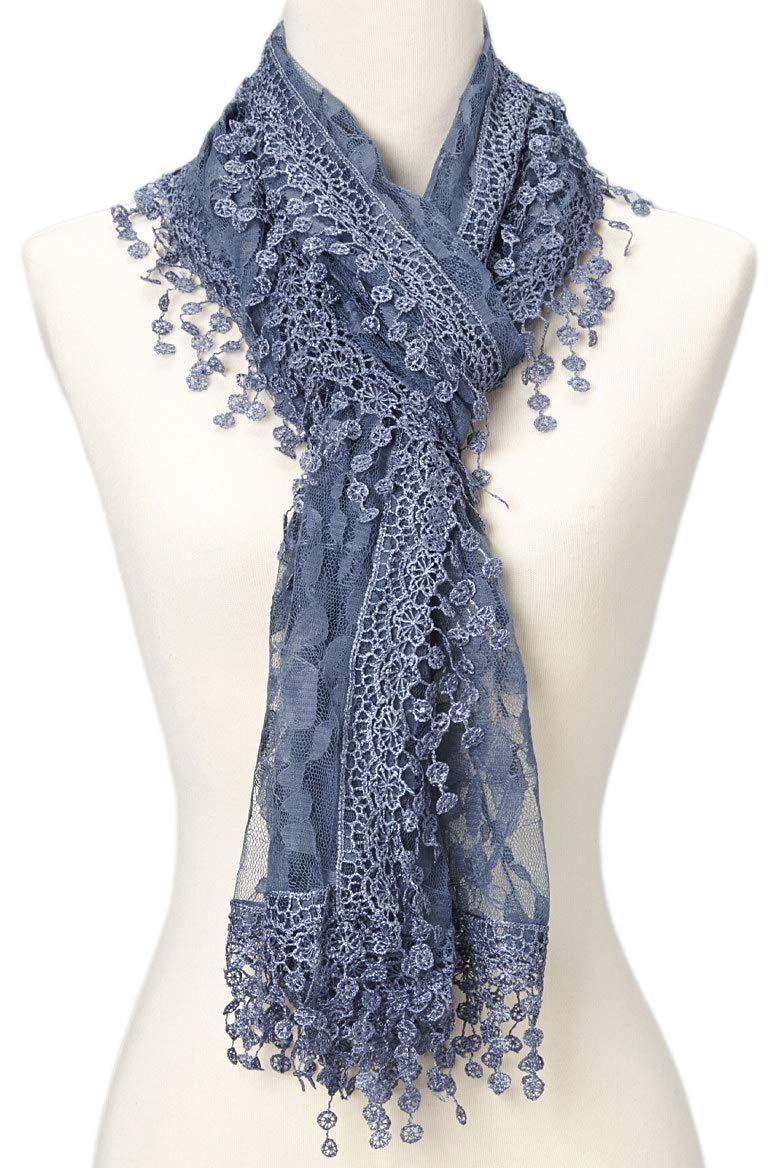 Cindy and Wendy Lightweight Soft Leaf Lace Fringes Scarf shawl for Women (Navy)