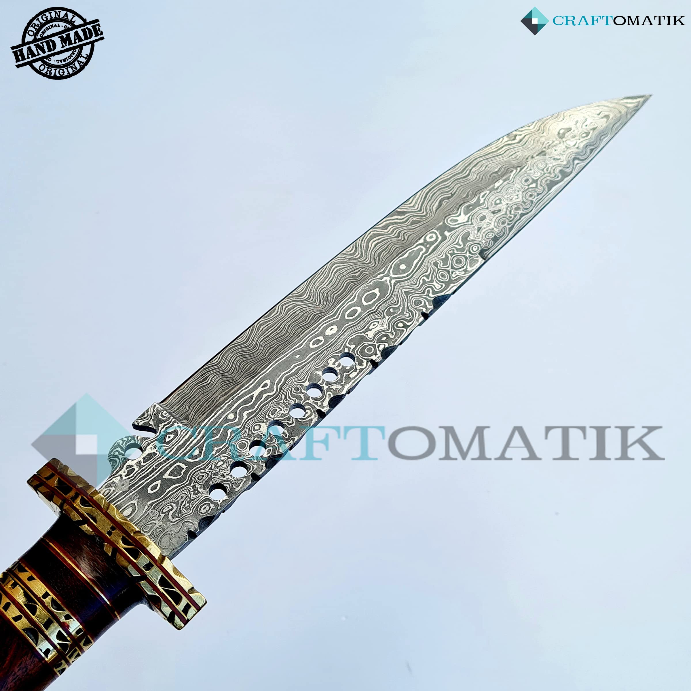 CRAFTOMATIK Hunting Knife Elite | Damascus Steel Walnut Wood and Brass Bowie DHK91, brown, 40 cm