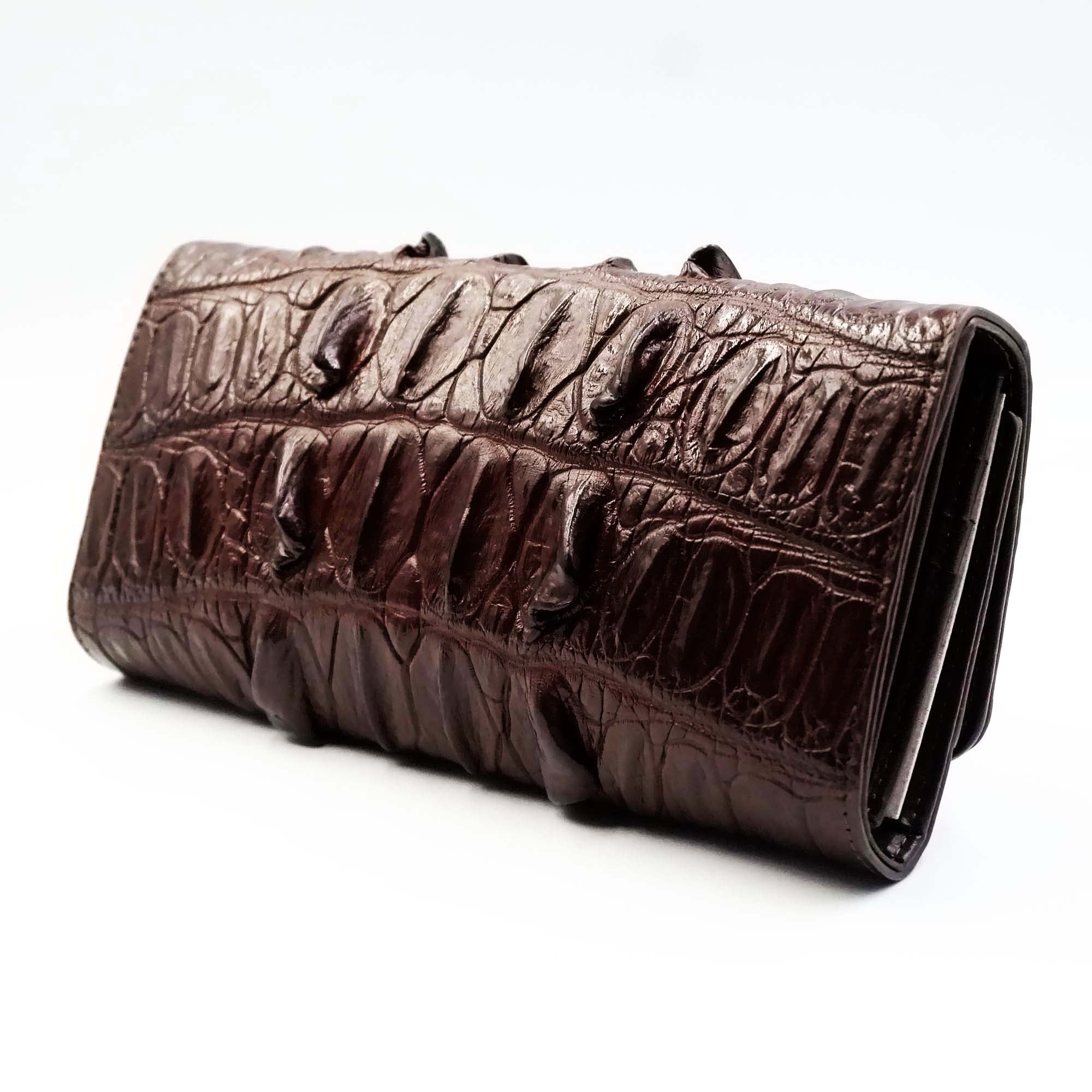 EXSOOTTI New Brown Genuine Crocodile Leather Black Tail Skin Women Tri-Fold Clutch Wallet Purse.