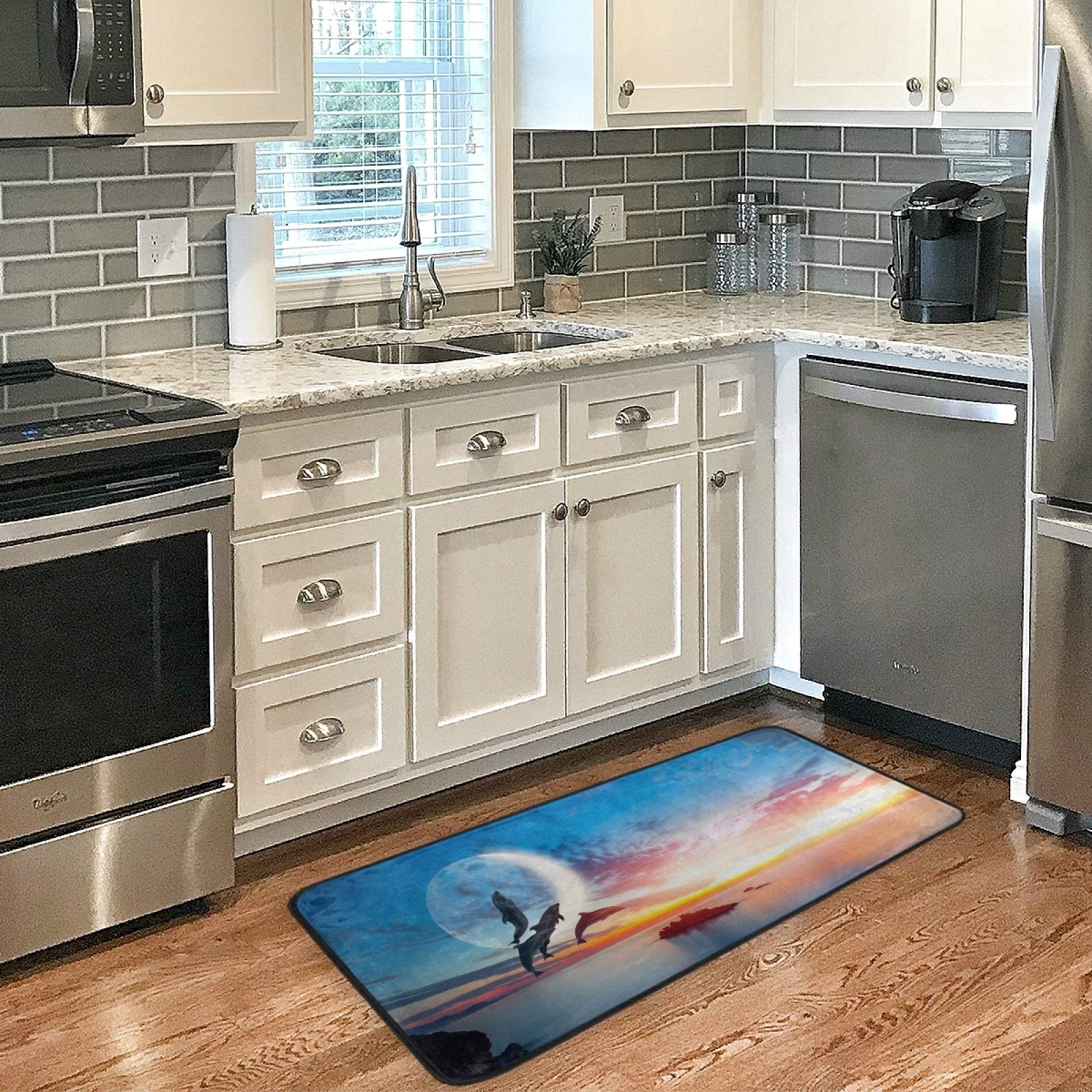 Dolphin Sunset Moon Kitchen Rugs Floor Mat Anti Fatigue Kitchen Mats Non Skid Washable Bath Rug Runner Doormats Carpet Sink Mat Home Decor 39 X 20 inch