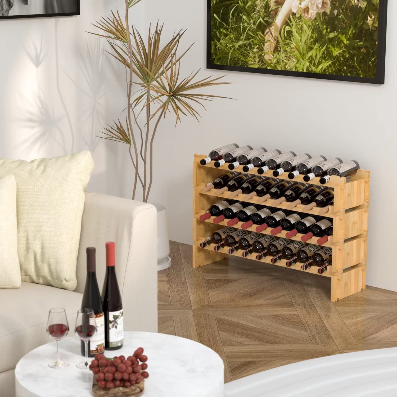Domax Wine Rack Freestanding Floor - 4 Tiers Stackable Wine Rack 36 Bottle Wine Bottle Holder, Bamboo Wine Holder Wine Storage for Kitchen, Bar, Pantry, Wine Cellar and Countertop (Yellow)
