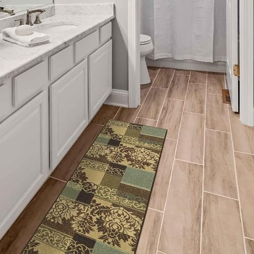 Machine Washable Damask Design Non-Slip Rubberback 3x10 Traditional Runner Rug for Hallway, Kitchen, Bedroom, Living Room, 2'7" x 9'10", Brown/Green