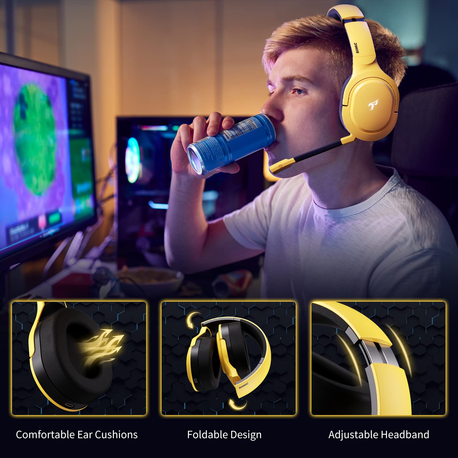 EASARS Wireless Gaming Headset, 2.4G Gamer Headsets, Foldable Bluetooth Headset, 28H Playtime, Detachable Microphone, Compatible with PC, PS5, PS4, Laptop