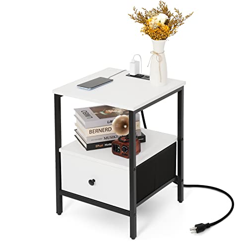 Homajor Nightstand with Charging Station,Side Table with Storage,end Tables Living Room,Bedside Table with Fabric Drawers,End Tables with USB Ports for Bedroom,Small Spaces,White