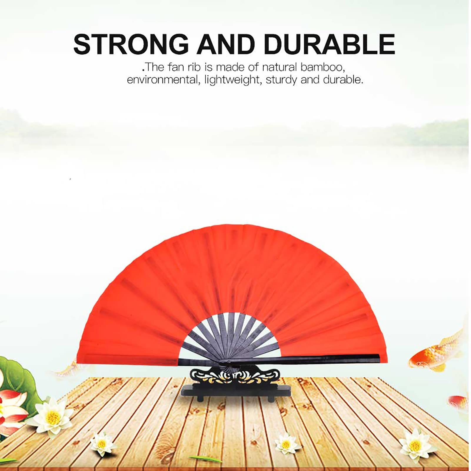 ciciglow Chinese Fan, Folding Fan, Smooth Handheld Tai Chi Training for Dance Performance(Black Club red face)