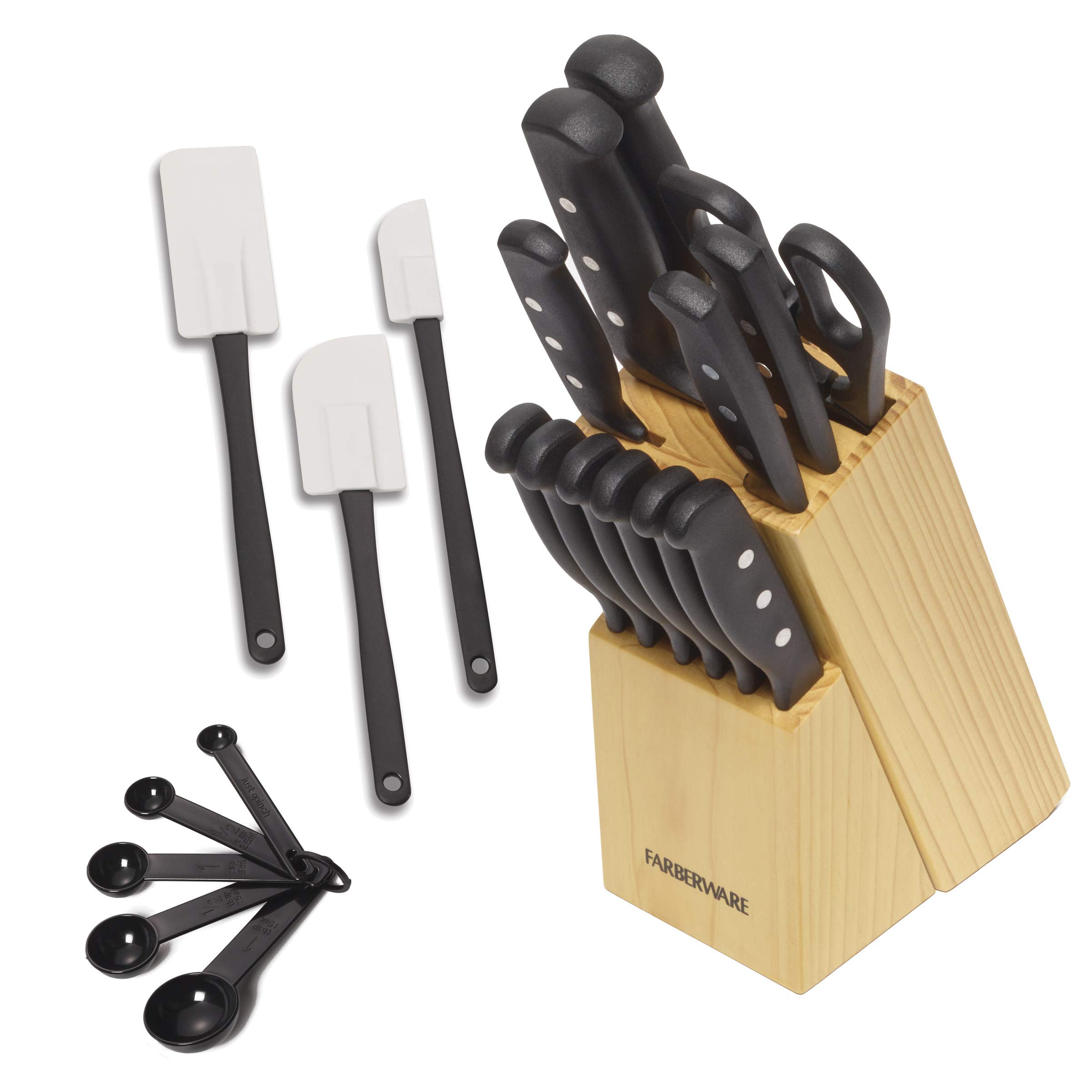 Farberware 22-Piece Never Needs Sharpening Triple Rivet High-Carbon Stainless Steel Knife Block and Kitchen Tool Set, Black & 78892-10 Farberware Plastic Cutting Board, 11-inch by 14-inch, White