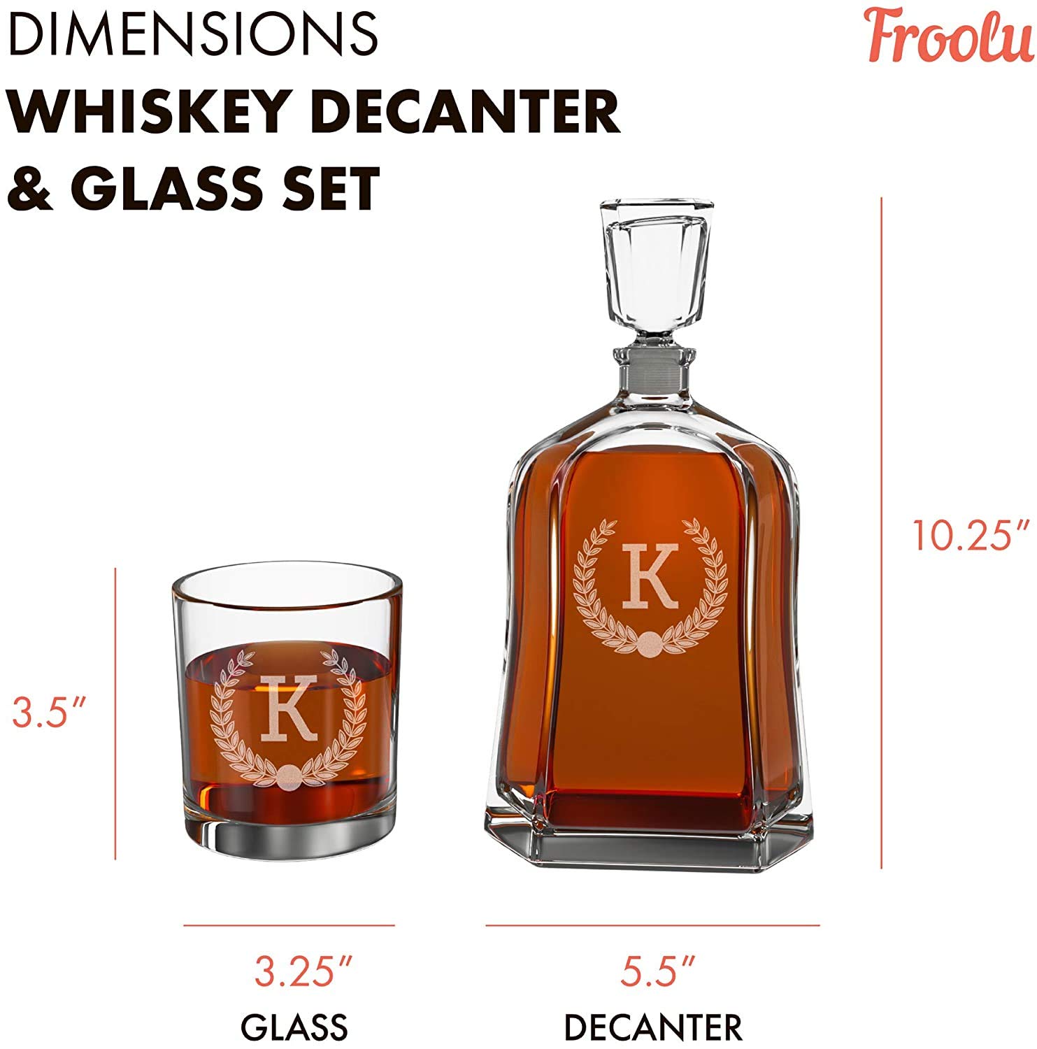 Froolu Personalized Whiskey Set in Wooden Gift Box - Includes Decanter, 4 Scotch Glasses, 4 Natural Slate Coasters, 8 Chilling Stones & Tongs - Great Mens Home Bar Gift for Him, Husband, Dad