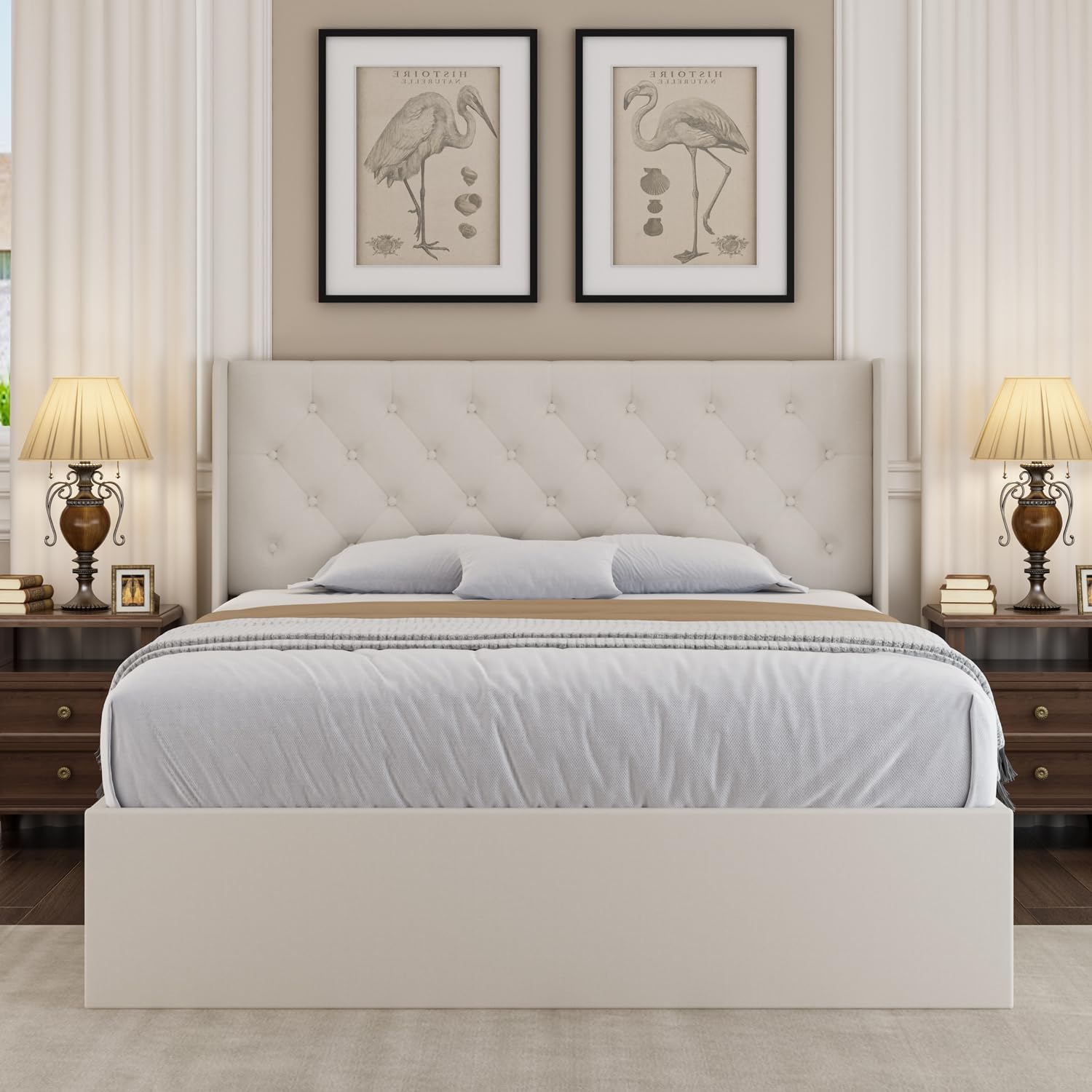 Catrimown Queen Size Lift Up Storage Bed, Upholstered Queen Bed Frame with Storage, Lift Up Storage Bed Queen with Wingback, Hydraulic Storage, Wood Slats Support, No Box Spring Needed