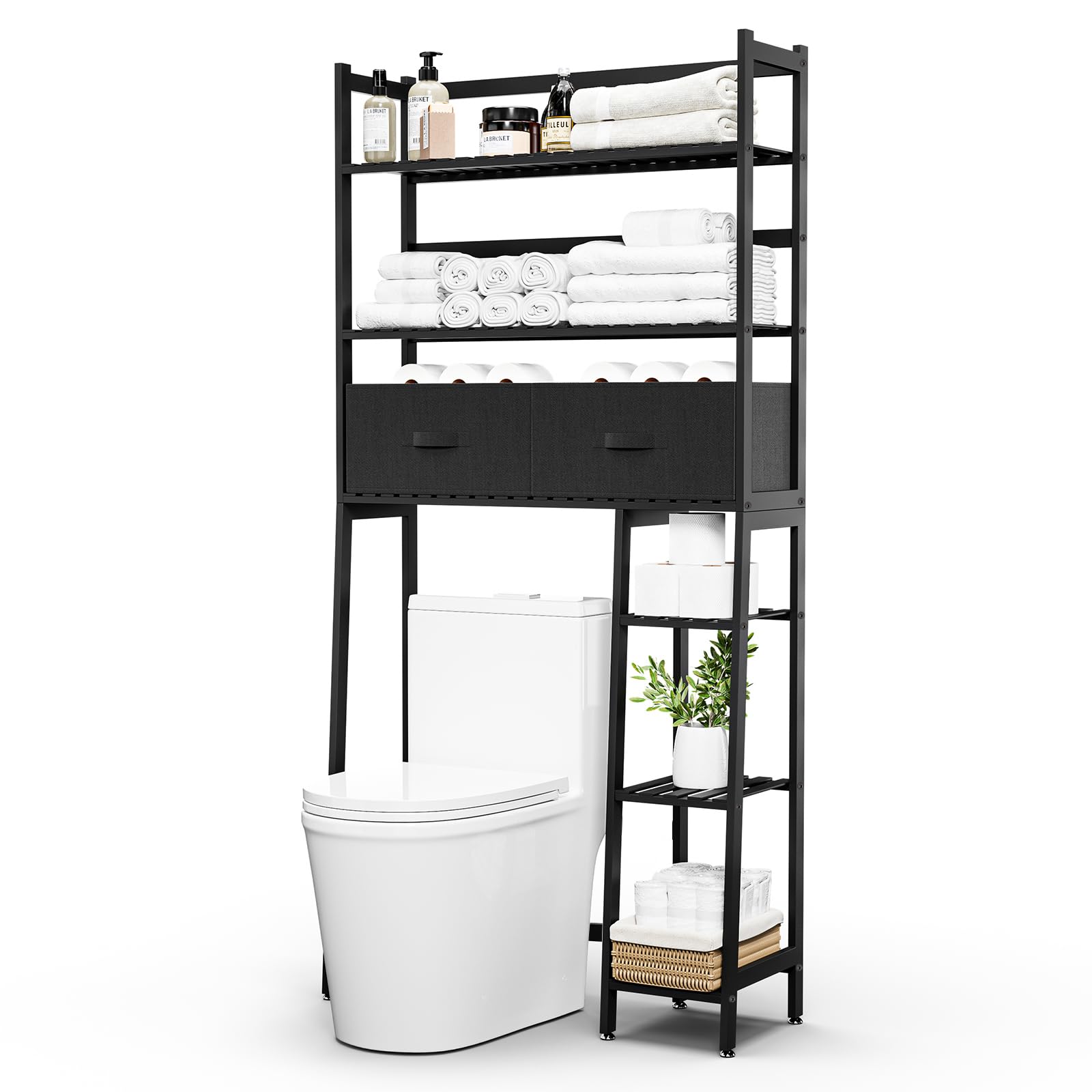 Hitogo Over The Toilet Storage Shelf - Bamboo Bathroom Organizer with Basket Drawer, Adjustable Shelf and Waterproof Feet Pad - Space Saver Storage Rack for Restroom, Laundry (White)