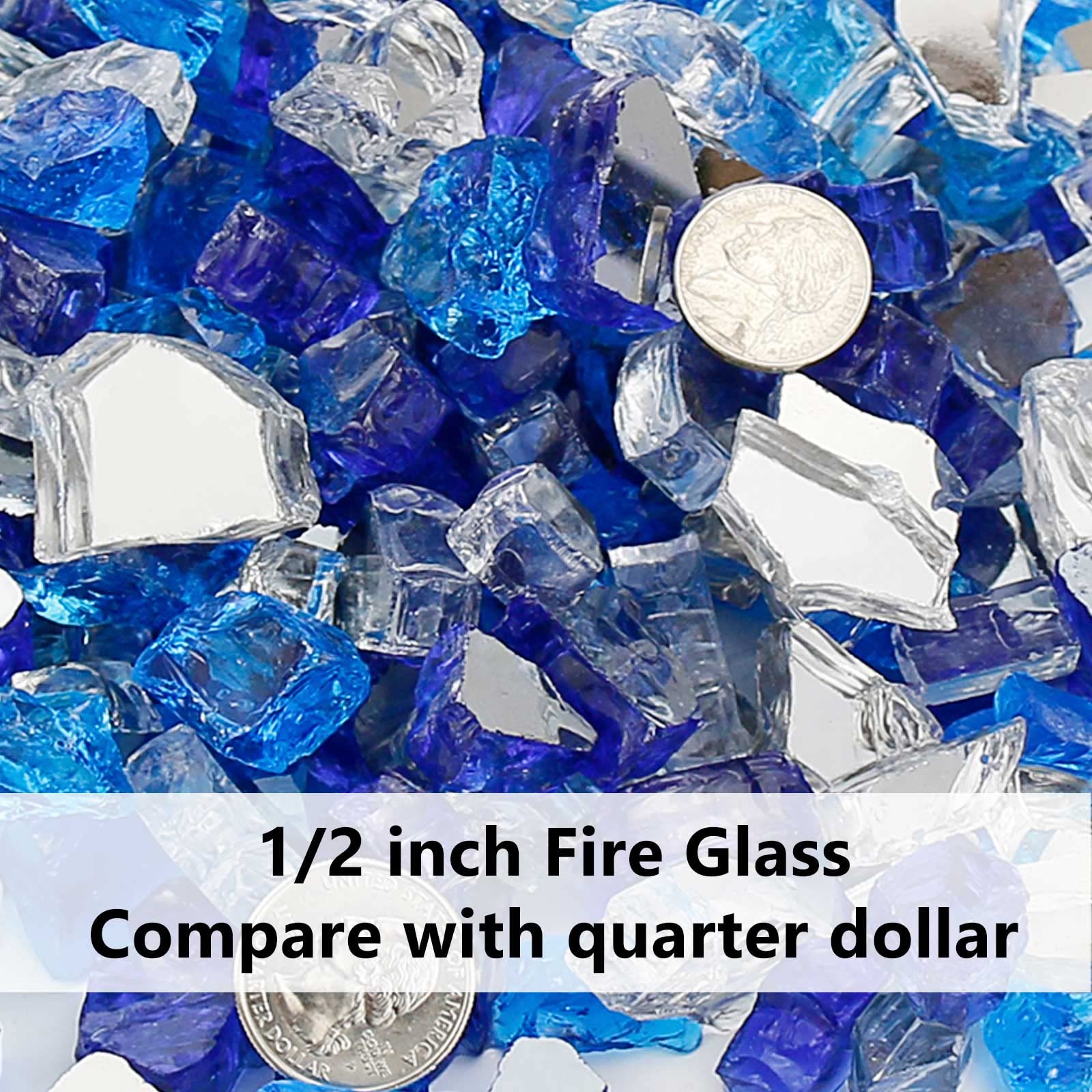 Grisun Fire Glass for Fire Pit, 1/2 Inch Mix 20 Pounds High Luster Reflective Tempered Glass Rocks for Natural or Propane Fireplace, Safe for Outdoors and Indoors Firepit Glass