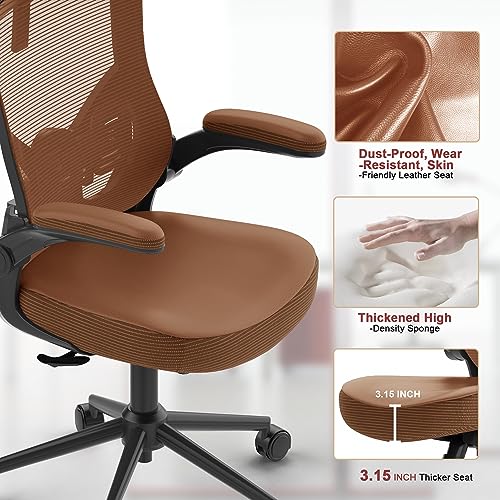 π―πΆπ΄π¬ πΆπππ°πͺπ¬ πͺπ―π¨π°πΉ, Ergonomic Mesh Desk Chair, High Back Computer Chair- Adjustable Headrest with Flip-Up Arms, Lumbar Support, Swivel Executive Task Chair (Mummy Brown, Modern)