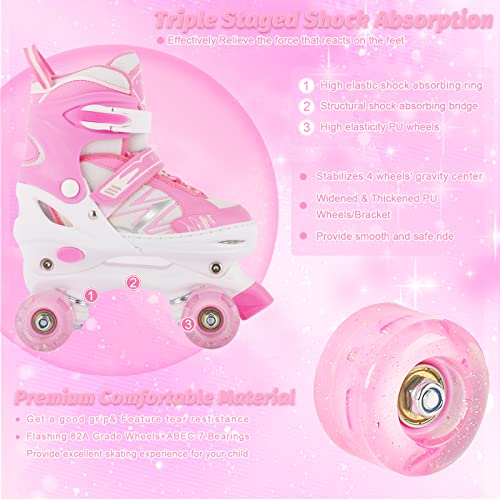 Kids Roller Skates for Girls Child Beginner Toddlers, 4 Sizes Adjustable Roller Skates with Light up Wheels for Children, patines para niñas patins à roulettes Enfants Filles - Extra Small Size
