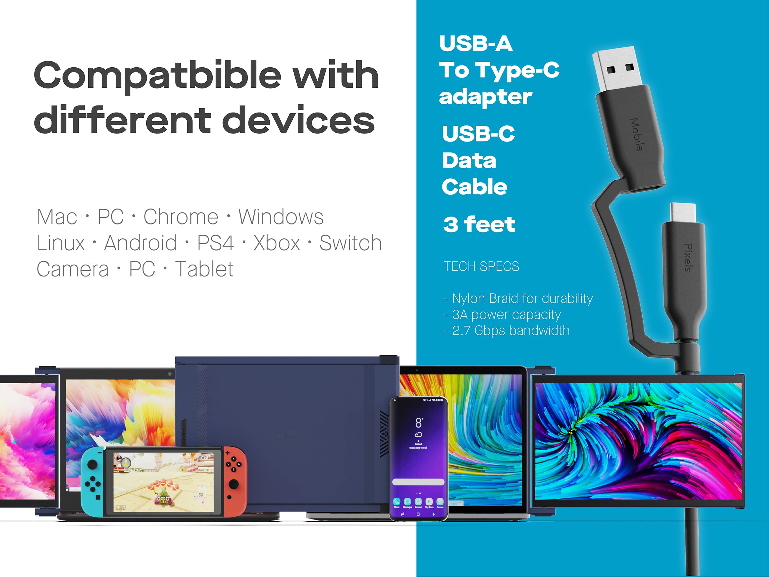 Duex Max Blue Portable Monitor with Adhesive, Mobile Pixels 14.1" Full HD 1080P IPS Auto Rotated Laptop Screen Extender, USB A/Type-C USB Powered Plug and Play