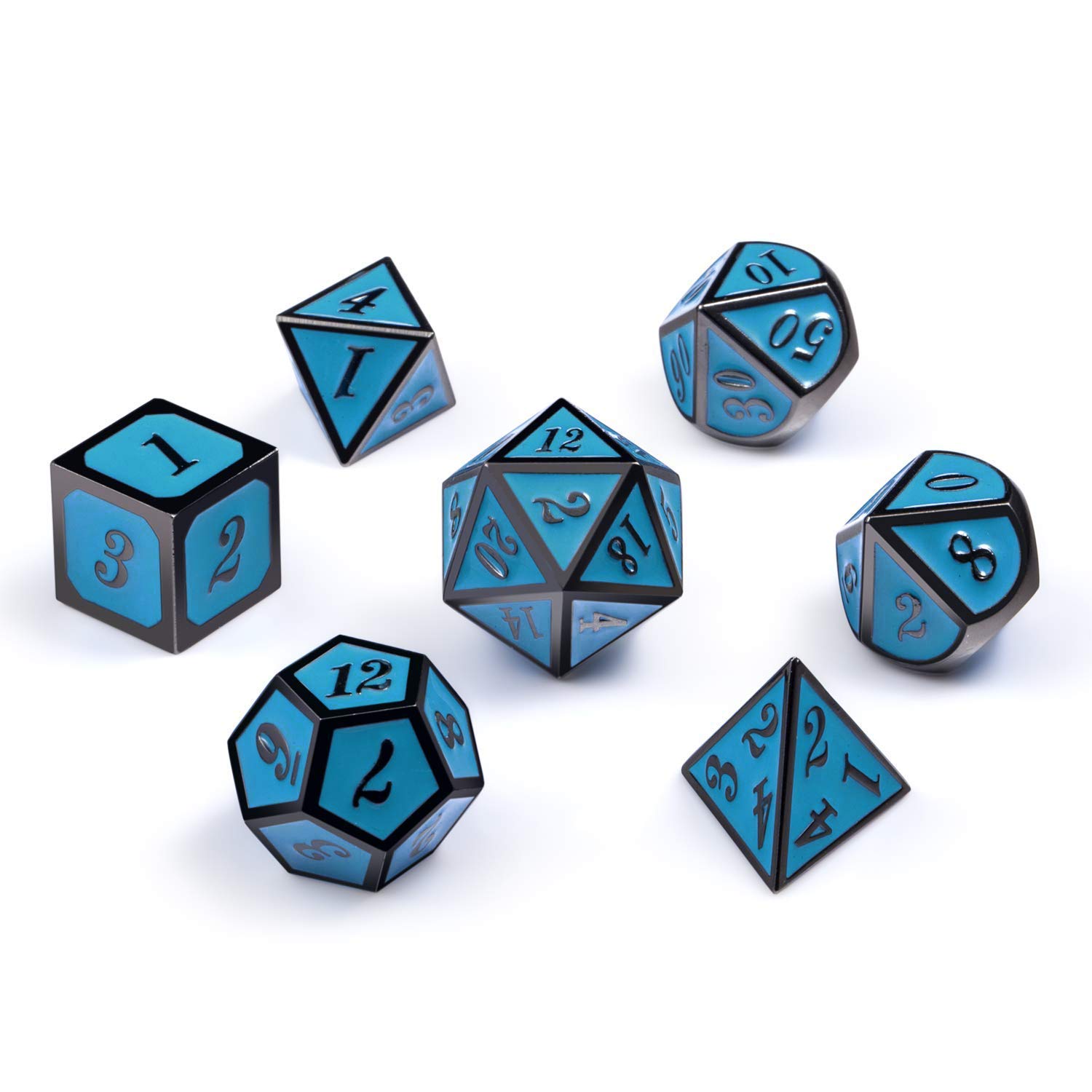 Set of 7 Metal Dice Set with Storage Box - Turquoise with Gunmetal Numbers - Includes D4, D6, D8, D10, D12, D20 and D% by SciencePurchase