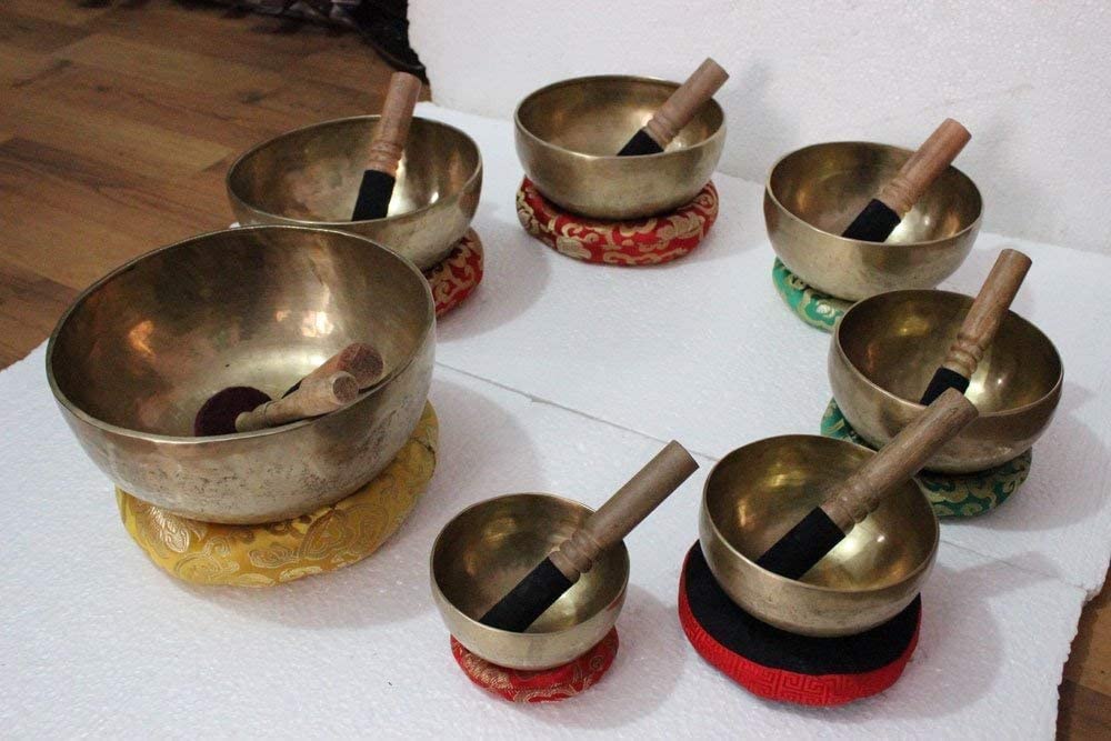 Set of 7 pieces ~ Hand Hammered Yoga Meditation Bowls 5"-10" included 7 Mallets, 7 cushions & 1 drum stick.