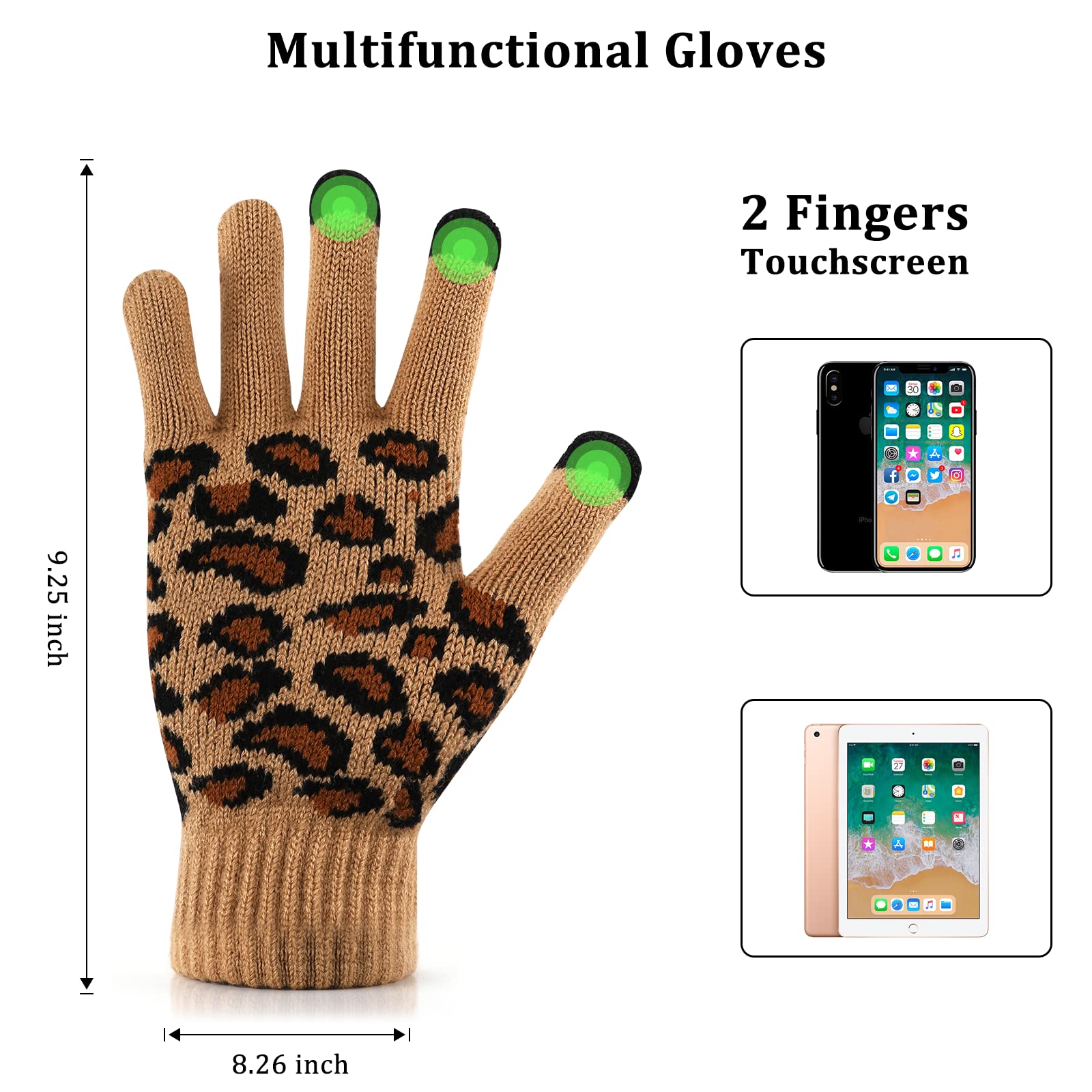 CNCHUROU Winter 3 in 1 Scarf Hat Glove Set for Women Beanie Hat Long Scarf Touch Screen Gloves Leopard Knitted with Pom