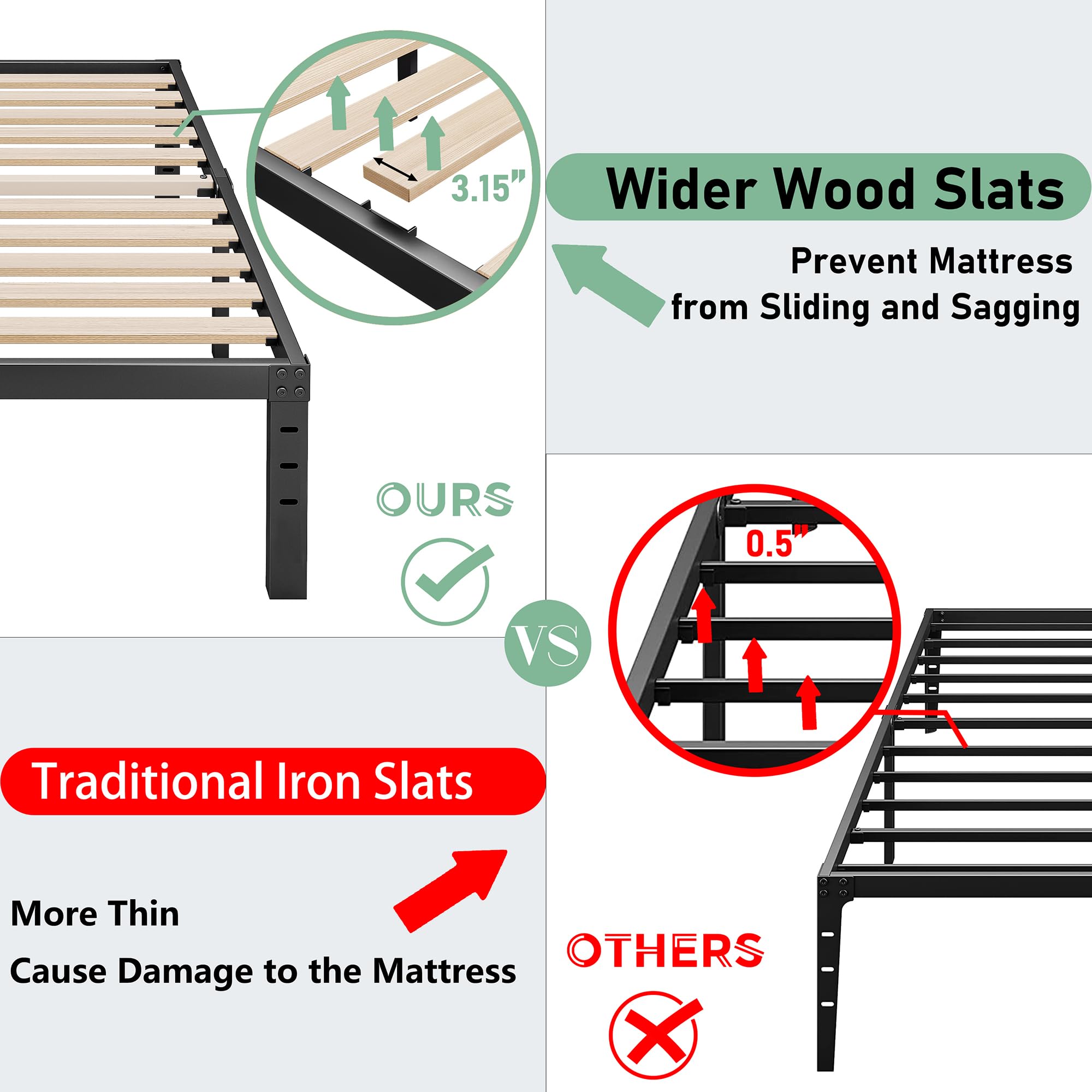 Breezehome Queen Size Metal Bed Frame with Sturdy Wood Slats No Box Spring Needed, Durable 18in High Heavy Duty Platform Bed Frame Queen, Underneath Storage, Easy Assembly, Noise Free, Black