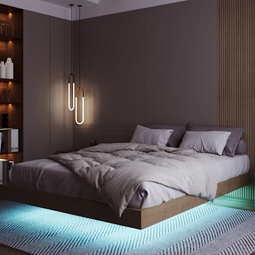 HomeModrn Floatzy Floating RGB Led Platform Bed Frame β Solid Wood with Mattress Foundation β No Box Spring Needed, Easy Assembly, Heavy Duty, No-Slip Bed Foundation (California King, Golden Pecan)