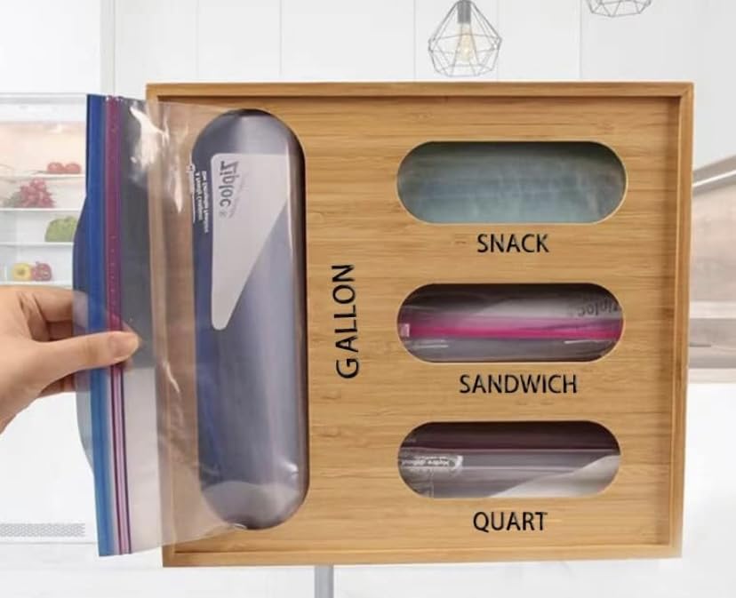 CNL DESIGNS INC. Bamboo Ziplock Bag Organizer for Drawer, Food Storage Organizer, Sandwich Bag Organizer for Kitchen, Compatible with Gallon, Quart, Sandwich & Variety Snack Size Bags.