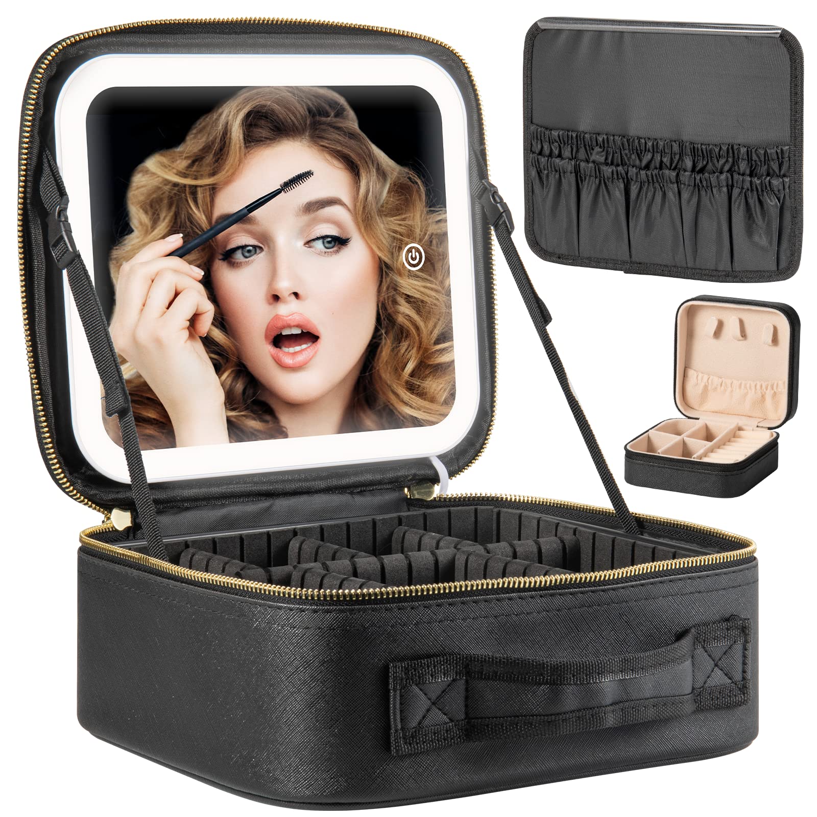 Extrei Gent Makeup Travel Train Case with Mirror LED Light 3 Adjustable Brightness Cosmetic Bag Portable Storage Adjustable Partition Waterproof Brushes Makeup Jewelry Gift for Women, Black