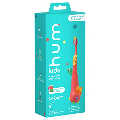 Colgate hum Smart Manual Kids Toothbrush, hum Kids Toothbrush With Phone Stand, App Makes Brushing Fun, Child-Size Brush Head With Extra Soft Bristles, Coral