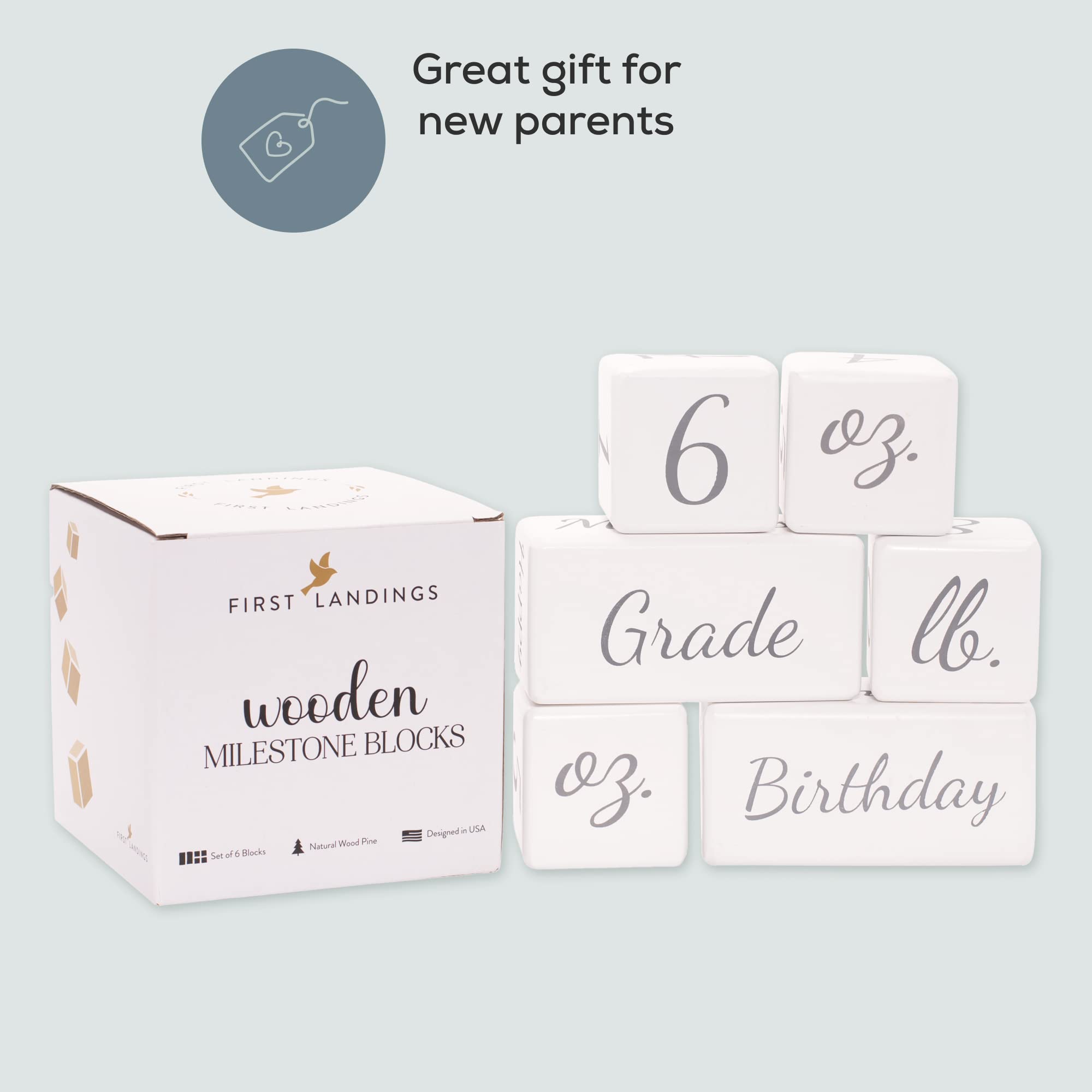 First Landings Milestone Blocks - Wooden Milestone Markers for Baby's First Year - White