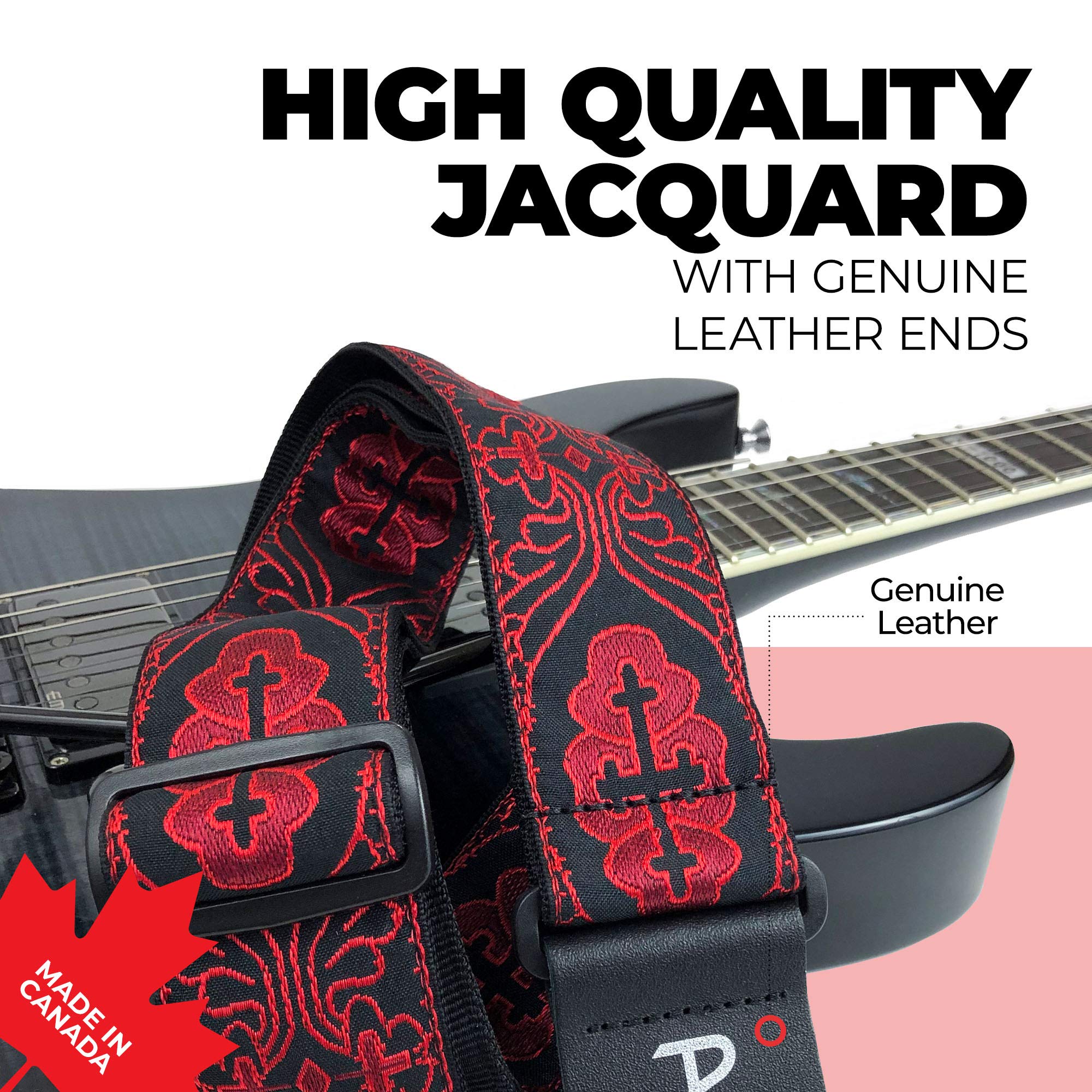 Perris Leather Guitar Strap - Red Crosses Jacquard Ribbon Guitar Strap, with Leather Ends - Electric/Acoustic/Bass Guitar Strap - Adjustable Strap From 39″ to 58″ - Red/Black (TWS-7071)