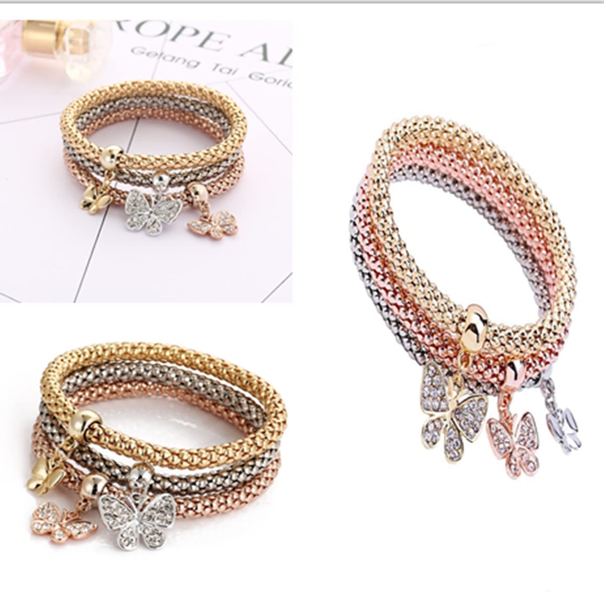 Corn Chain Bracelet, Crystal Multilayer Charms Stretch Bracelet, Butterfly Bracelet, 3PCS Gold/Silver/Rose Gold Corn Chain Bracelet for Women