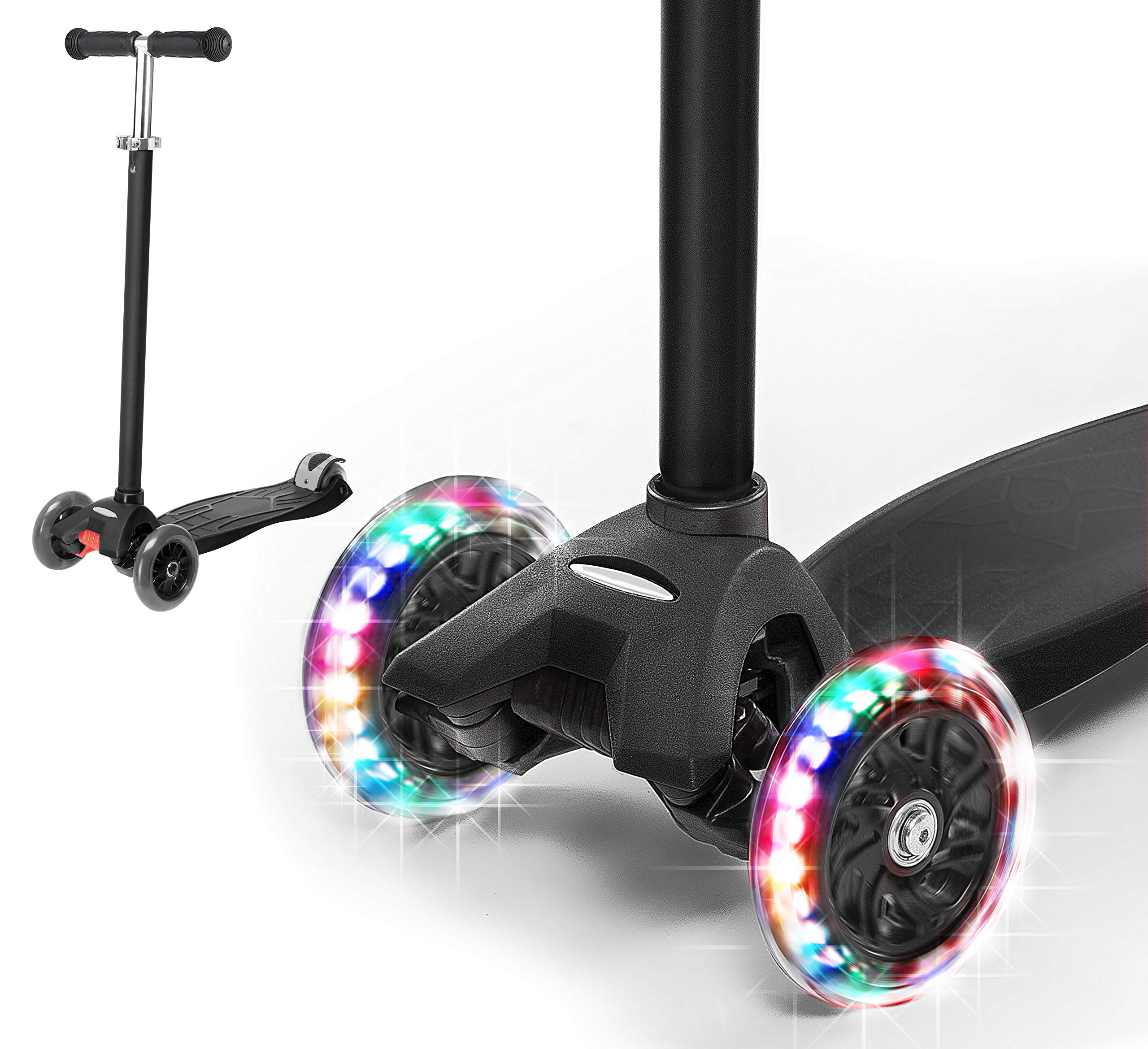 Rugged Racers Kick Scooter for Boys & Girls 3 Wheel Scooter, Adjustable Kick Scooter for Kids with PU LED Light Up Wheels, Step Brake, Lean 2 Turn, Ride on Toys for Children 5 Year Plus (Black)