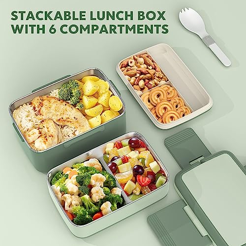 HOMETALL Stainless Steel Bento Box, Stackable Box Adult Lunch 1500ML-6 Compartment for Adults, BPA-Free Containers with Utensil On-the-Go Balanced Eating