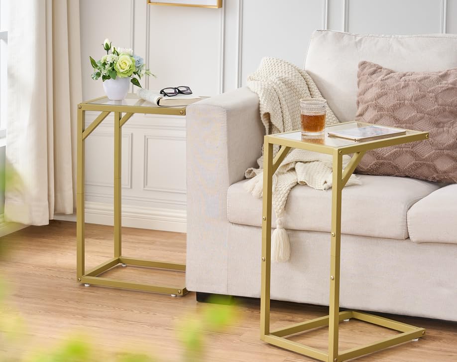 Homhedy C Shaped End Table Set of 2,Tempered Glass with Metal Frame, Small Side Tables for Living Room, Bedroom, TV Tray Table for Small Space, Modern Style, Golden