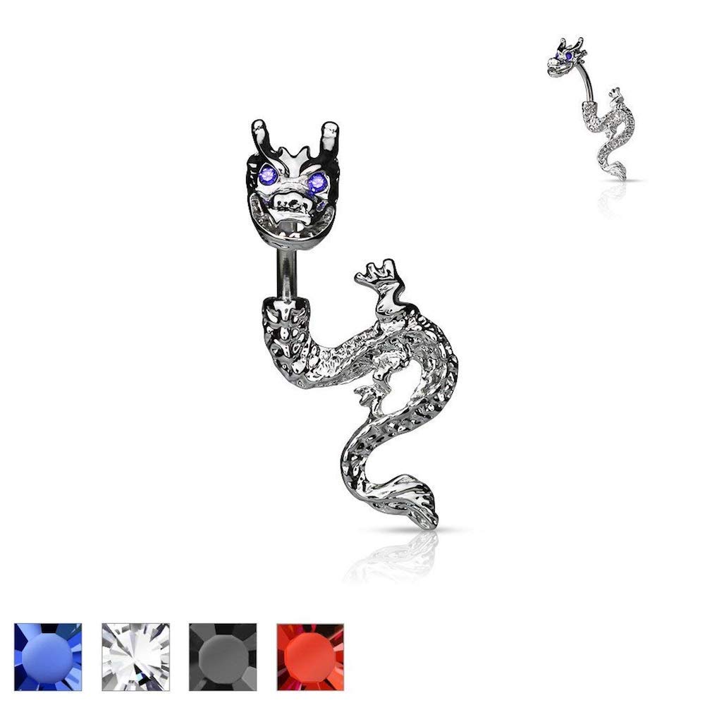 Covet Jewelry Rhodium Plated Dragon with Gemmed Eyes Navel Ring (Blue)