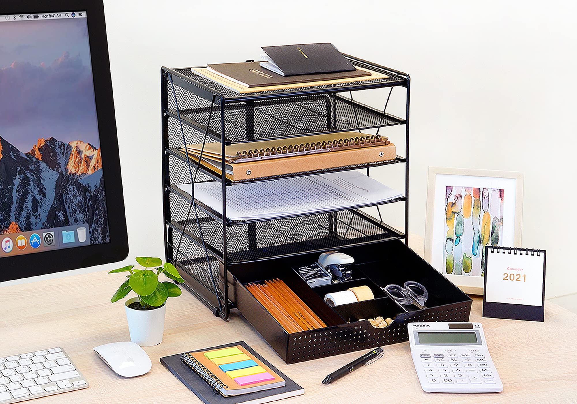 CAXXA 5 Tier Mesh Letter Tray, Desk File Organizer, Desktop Paper Tray Holder with Drawer, Black