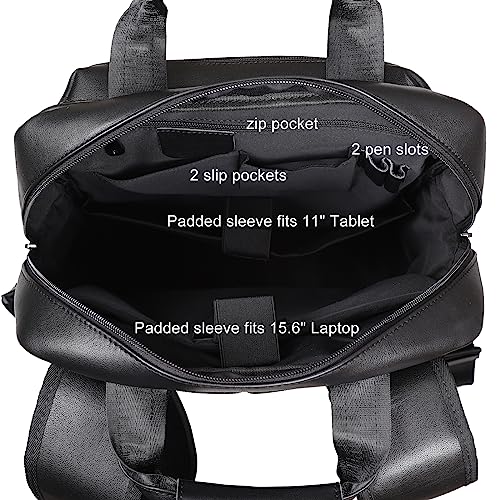 Masa Kawa Black Leather Backpack for Men 15.6 Inch Laptop Bag Multi Pockets Rucksack Casual Business Work Travel Daypack