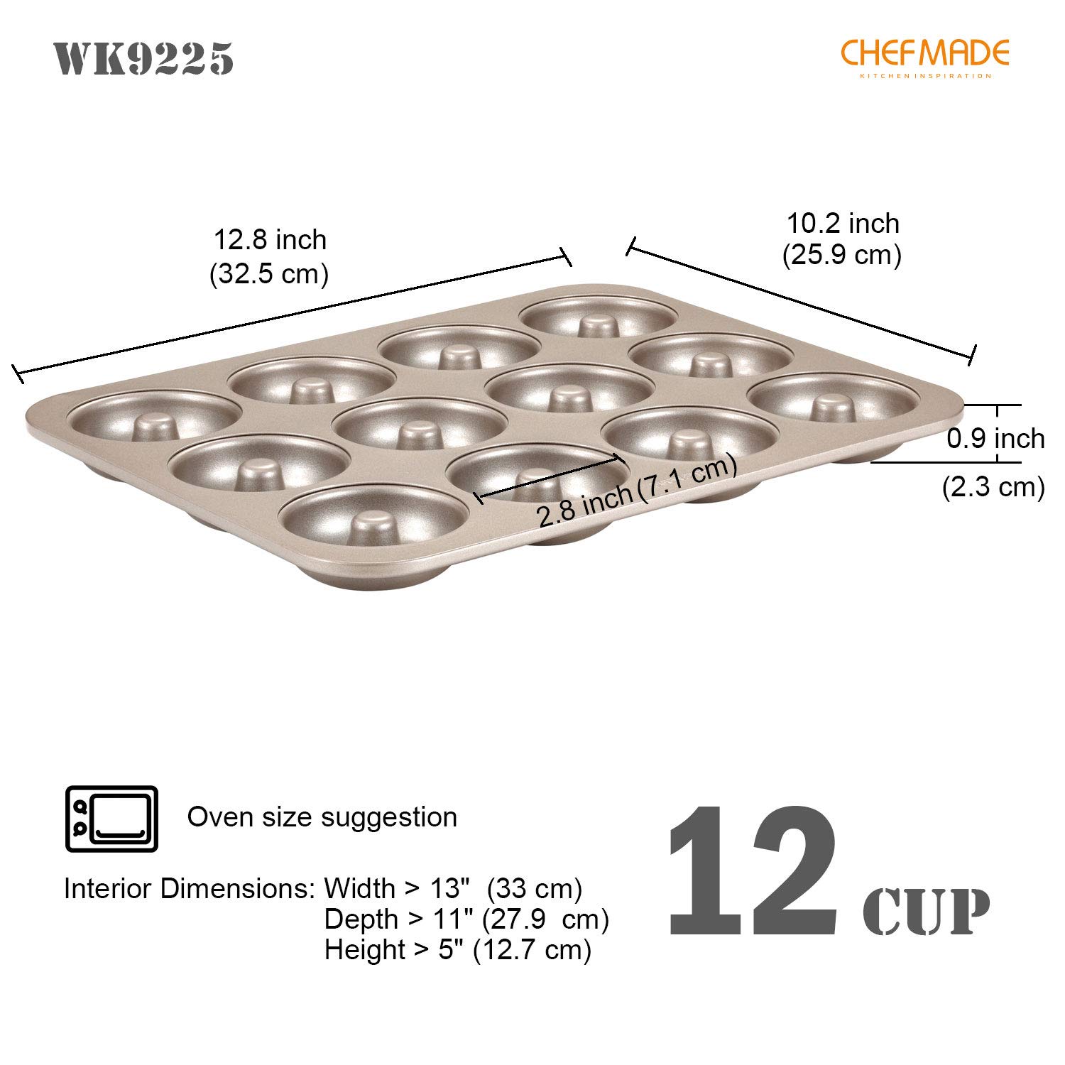CHEFMADE Donut Mold Cake Pan, 12-Cavity Non-Stick Ring Doughnut Bakeware for Oven Baking (Champagne Gold)